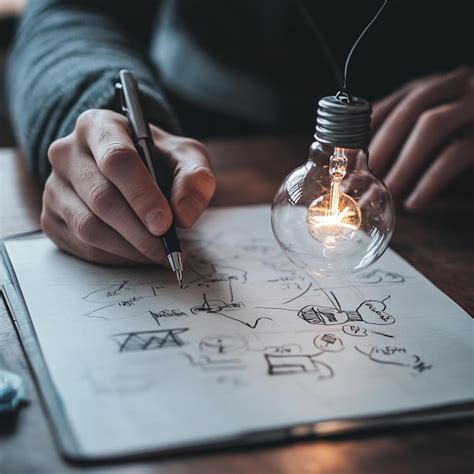 Hand Draws Sketches On A Notepad With A Glowing Lightbulb Hanging Above