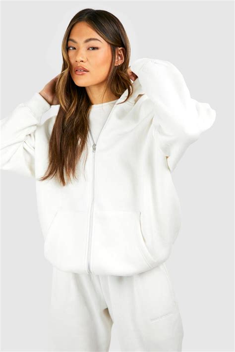 Ecru Oversized Zip Through Hoodie