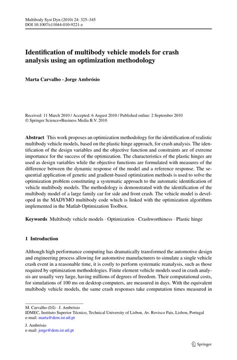 Pdf Identification Of Multibody Vehicle Models For Crash Analysis Using An Optimization