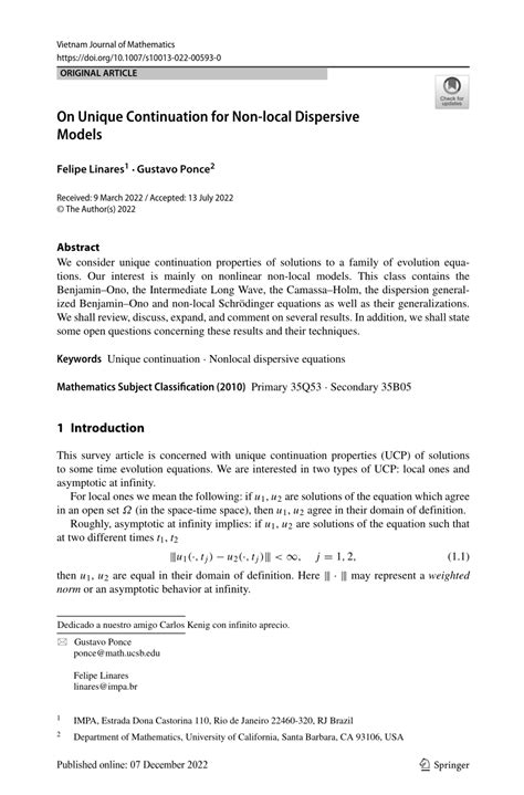 Pdf On Unique Continuation For Non Local Dispersive Models