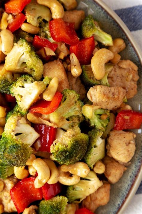 Homemade Cashew Chicken Stir Fry On A Plate Top View Close Up Stock