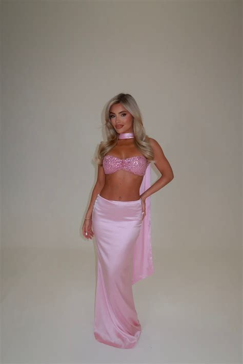 Princess Sequin Bralet And Satin Maxi Skirt Co Ord With Scarf Pink