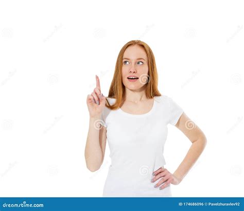 Beautiful Thoughtful Red Head Woman Pointed Up Over White Copy Space