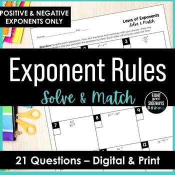 Exponent Rules Positive Negative Solve Match DIGITAL And PRINT Activity