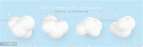 3d 플라스틱 구름 파란색 배경에 고립 된 둥근 만화 푹신한 구름 세트 벡터 일러스트 레이 션 기포에 대한 스톡 벡터 아트 및 기타 이미지 Istock