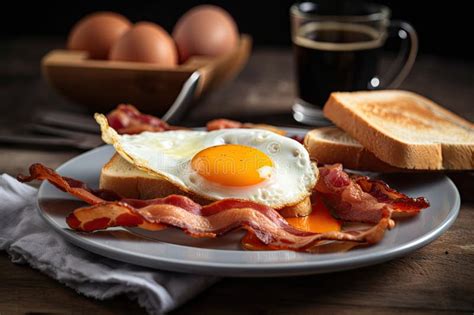 Classic Breakfast With Eggs Bacon And Toast On Plate Stock
