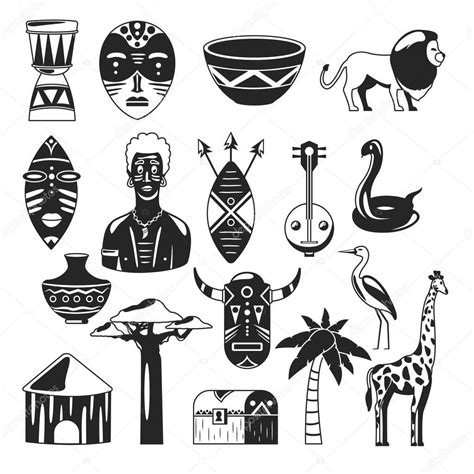 Африка Африканские изображения Векторные значки Жираф маска человек змея ваза льва дом