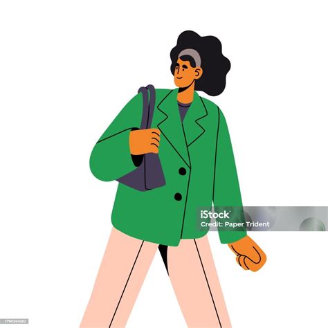 숄더백을 들고 있는 패션 사업가 밝은 재킷 사무복을 입고 있는 비즈니스 우먼 젊은 노동자 걷는 직원이 뒤를 돌아봅니다 흰색에 평평한 고립 된 벡터 그림 어깨 너머로 보기에