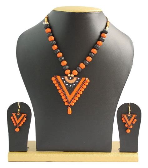Handmade Terracotta Jewellery Traditional Necklace Earring Set Orange