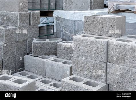 Stack Of Cement Concrete Building Cinder Blocks Brick On Pallete In