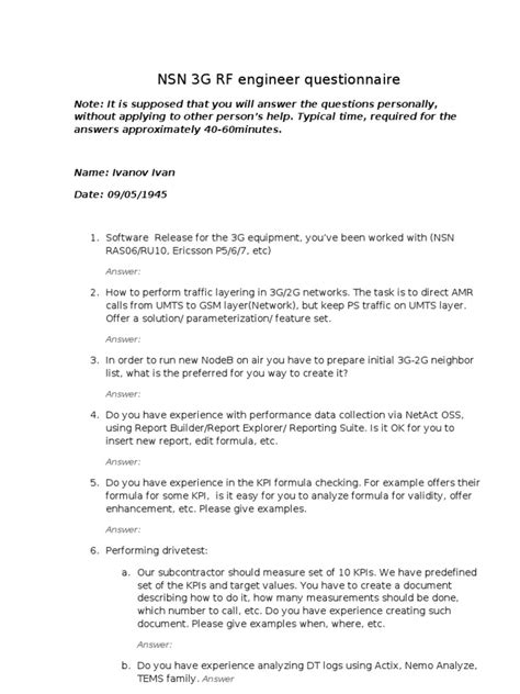 Nsn 3g Rf Engineer Questionnaire V1 Pdf Mobile Technology