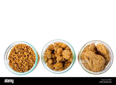 Different Types Of Textured Soy Protein Meat On White Background