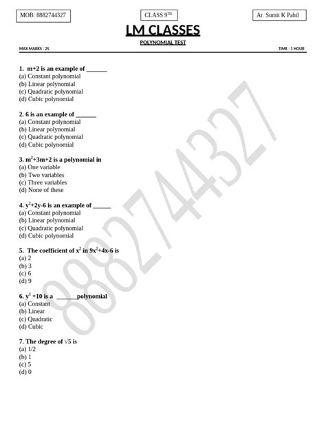 Class 9 Maths Chapter 2 Polynomials Mcqs Pdf Polynomial Algebra