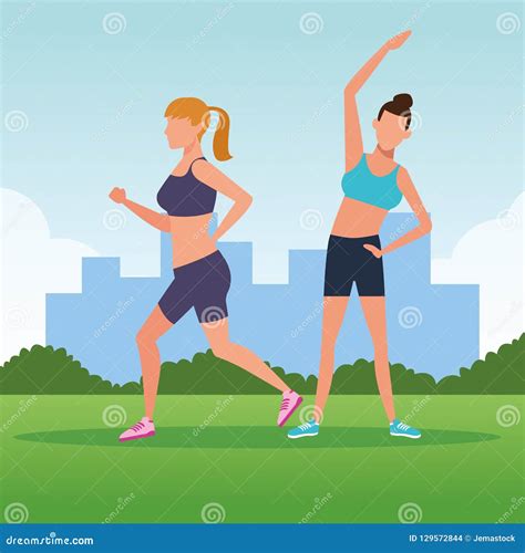 Fitness Couple Women Doing Exercise Stock Vector Illustration Of