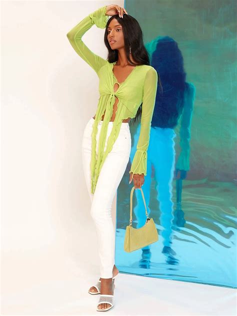 Sheinneu Tie Front Lettuce Trim Mesh Top Shein Uk