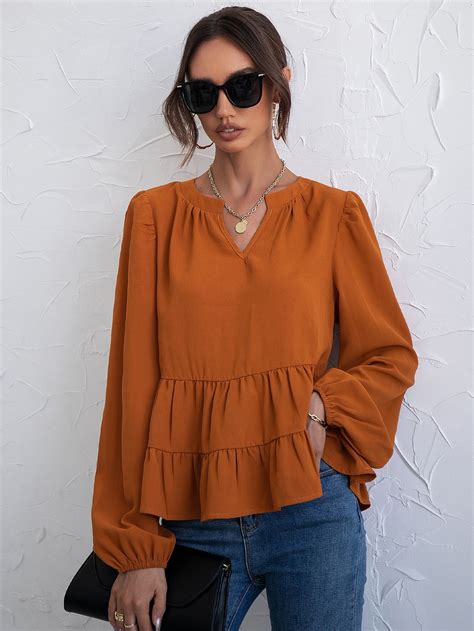 Notch Neck Lantern Sleeve Peplum Top Stylish Womens Fashion