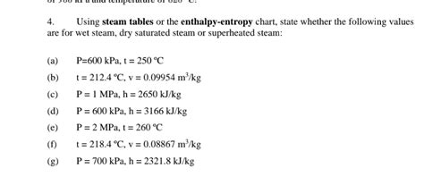 solved 4 using steam tables or the enthalpy entropy chart