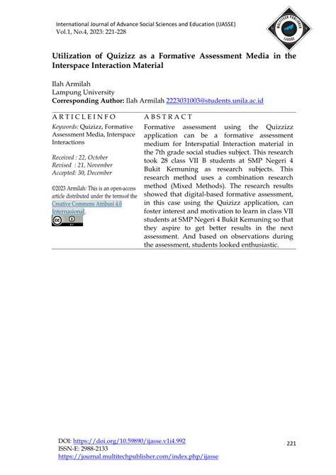 Pdf Utilization Of Quizizz As A Formative Assessment Media In The Interspace Interaction Material