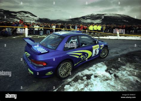 Richard Burns Driving His Subaru Impreza Wrc On A Stage Of The Monte Carlo Rally Stock