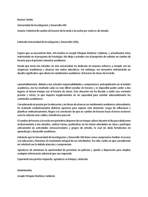 Carta De Solicitud De Cambio De Horario Pdf