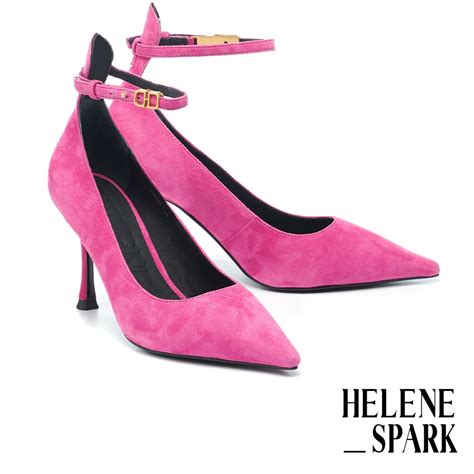 高跟鞋 Helene Spark 時髦品味h雙d釦踝帶羊麂皮美型尖頭高跟鞋－粉 8cm以上 Yahoo購物中心