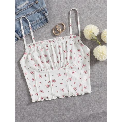 Trendy Lettuce Trim Ruched Bust Ditsy Floral Cami Top100 Original
