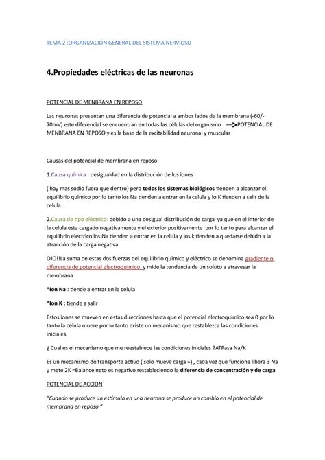 Resumen Del Potencial De Menbrana Neurona Tema 2 General Del Sistema