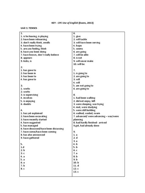 Cpe Use Of English Key Unit 1 Tenses A B C Pdf