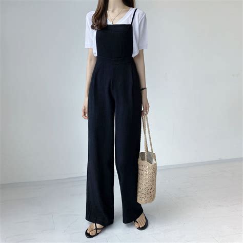 포켓 린넨 끈 나시 와이드 멜빵 점프슈트