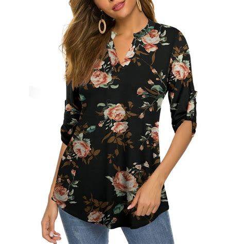 Folunsi Womens Tunic Tops 34 Roll Sleeve Floral Printed V Neck Blouses