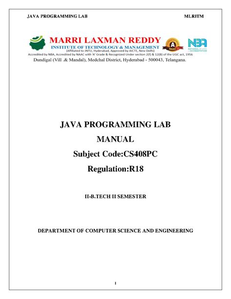 Java Programming Lab Manual Java Programming Lab Manual Subject Codecs408pc Regulationr Ii B