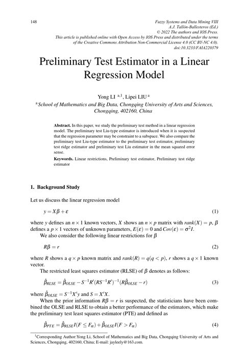 pdf preliminary test estimator in a linear regression model