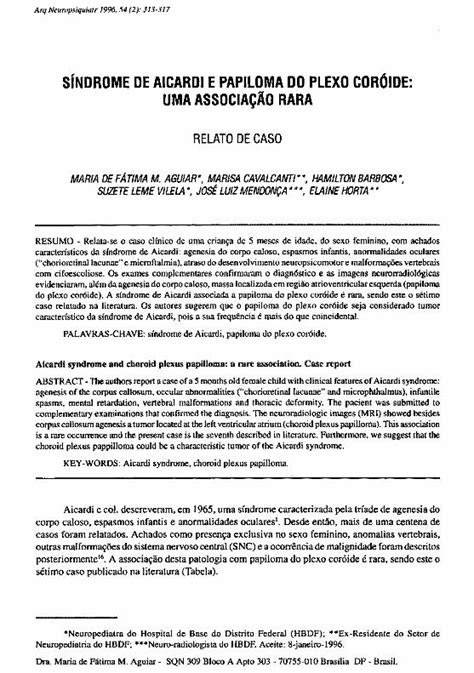 Pdf SÍndrome De Aicardi E Papiloma Do Plexo And Choroid Plexus