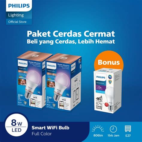 Jual Philips Paket 2X Lampu Wi Fi LED 8W Warna Free 1 Lampu 13W Radiant Shopee Indonesia
