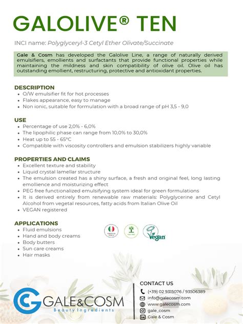 GALOLIVE TEN Mktg sheet 2023 | PDF | Emulsion | Chemical Substances