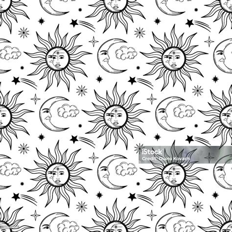 손으로 그려진 태양의 이음새가 없는 무늬를 여자의 얼굴 남자의 얼굴 별과 구름을 가진 달 천체 공간 벡터 벽지 포장지 직물을위한 마법의 공간 은하 스케치 일러스트 레이 션