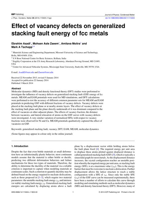 Pdf Effect Of Vacancy Defects On Generalized Stacking Fault Energy Of