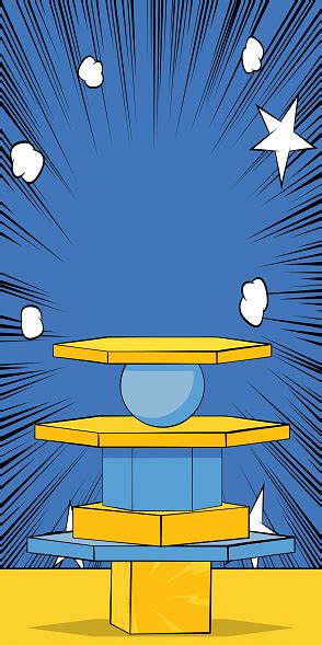 만화책 노란색과 파란색 제품 연단 배너입니다 프레젠테이션을 위한 팝 아트 스테이지 만화 비즈니스 광고 배경 레트로 플랫폼 마케팅 디스플레이 배경 0명에 대한 스톡 벡터 아트