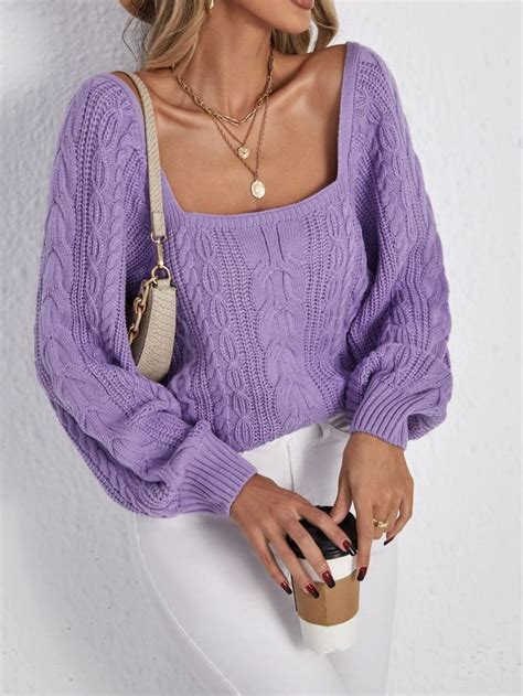 Square Neck Lantern Sleeve Cable Knit Sweater Moda Ropa De Trabajo