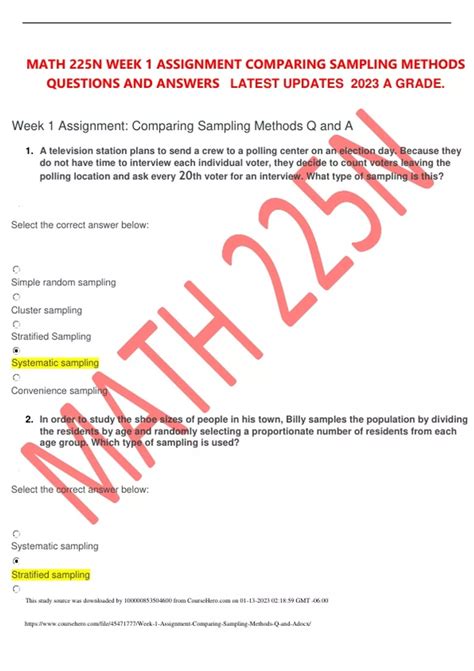 MATH N WEEK ASSIGNMENT COMPARING SAMPLING METHODS QUESTIONS AND ANSWERS LATEST UPDATES