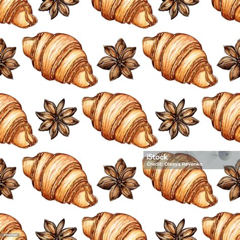 수채화 그림 패턴 크로와상과 계피 별 매끄럽게 반복되는 달콤한 음식 프린트 제과 및 과자를 포장하고 장식하는 데 적합합니다 손으로 그린 흰색 배경에 고립되어 있습니다 개체