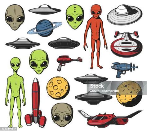 외계인 Ufo 및 우주 왕복선 벡터 복고풍 아이콘 외계인에 대한 스톡 벡터 아트 및 기타 이미지 외계인 등장인물 만화