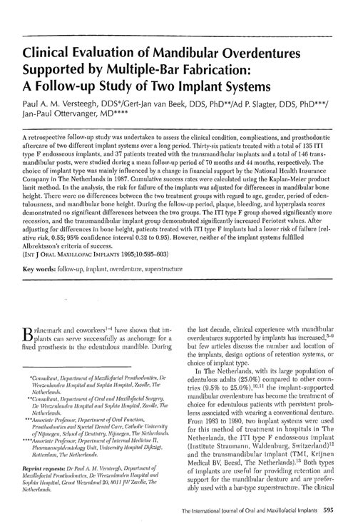 Pdf Clinical Evaluation Of Mandibular Overdentures Supported By