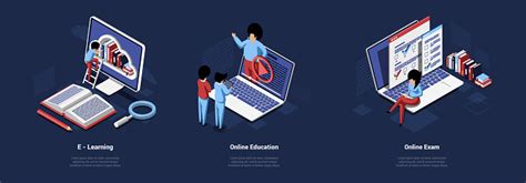 온라인 교육의 세 가지 개념의 Isometric 3d 일러스트레이션 쓰기와 어두운 배경에 원격 학습 및 시험 복용 컴퓨터 화면 노트북 및 사람과 만화 벡터 구성 3차원