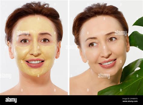 Middle Age Closeup Woman Face Before After Beauty Mask Treatment