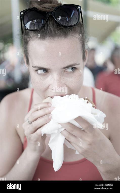 Pretty Girl Or Woman Eating Sandwich Gyros Girl With Pleasure Eats