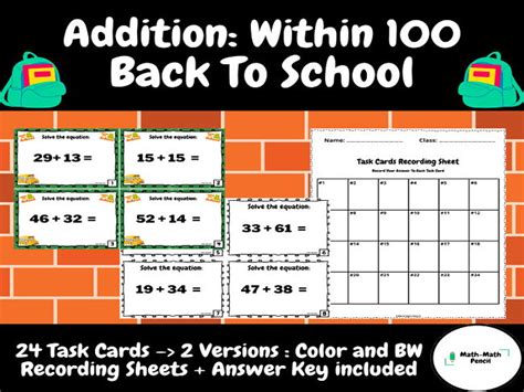 Addition Up To 100 Task Cards Answer Key Back To School Second