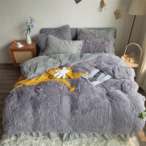Buy Fluffy Faux Mink And Velvet Fleece Quilt Cover Set Soft Grey Mydeal