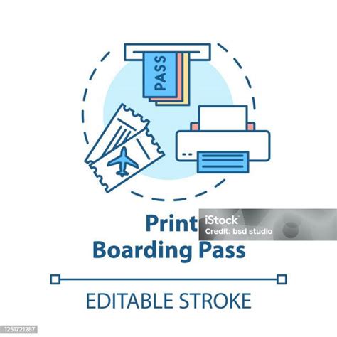 인쇄 비행기 전자 탑승권 개념 아이콘 항공권 구매 온라인 체크인 완료 아이디어 씬 라인 일러스트레이션 벡터 절연 윤곽선 Rgb 색상 도면 편집 가능한 스트로크 개념에 대한
