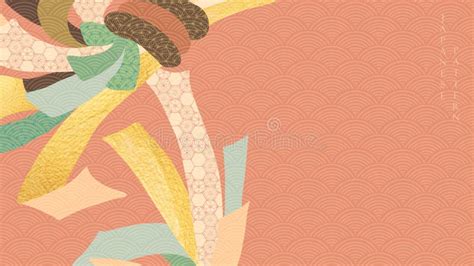 Japanese Background With Geometric Pattern Vector Ribbon Decoration With Gold Texture In